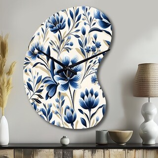 Designart - Blue And White Damask Flower - Floral Wall Clock in Boomerang Shape - Metal Cottage ...