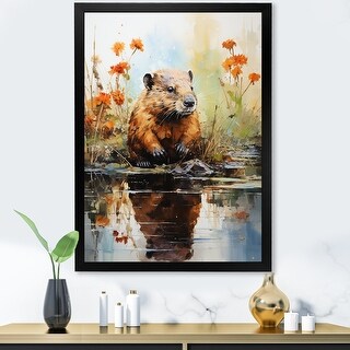 Designart "Beavers Pond Reflections Florals I" Beaver Wall Decor Green ...