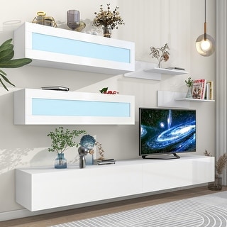 Modern Floating 95" TV Stand, High Gloss TV Cabinet with LED Light ...