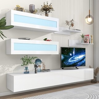 Wall Mount Floating LED TV Stand with 4 Media Storage Cabinets and 2 ...