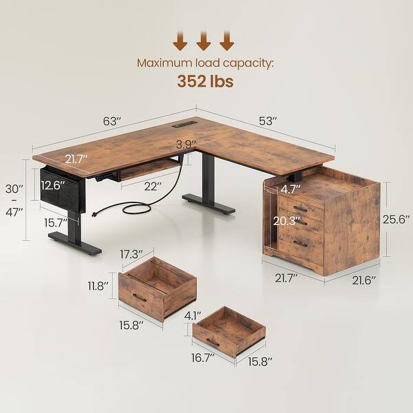 L Shaped Electric Standing Desk with File Cabinet Height Adjustable 63 ...
