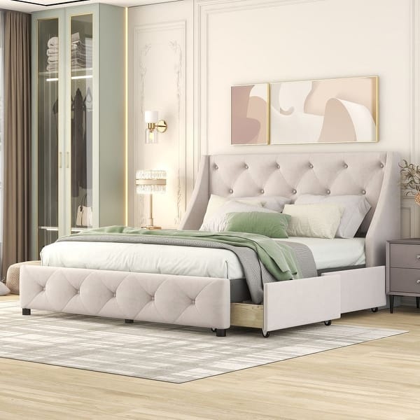 Upholstered Platform Bed with Wingback Tufted Headboard and 4 Drawers ...