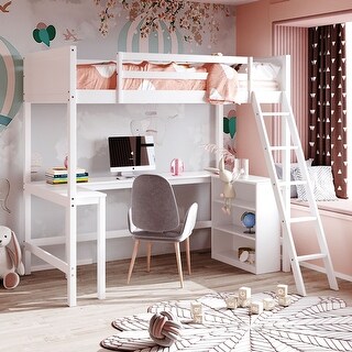 Muti-Functional Twin Size Loft Bed with Drawers & Desk, Wooden Loft Bed ...