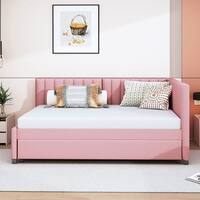 Full Size Daybed Pink Linen Fabric Frme Daybed with Pull-Out Trundle ...