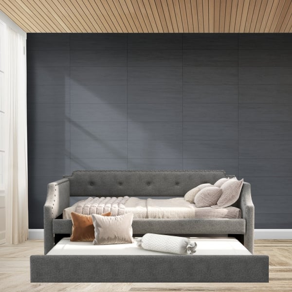 Elegant style Upholstered day bed Gray day bed trundle Linen twin ...