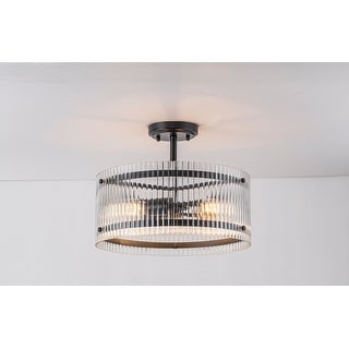 3-Light Modern Drum Semi Flush Mount Lights with Ribbed Glass Shape ...