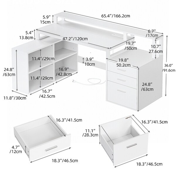 Moasis 65 inch L Shaped Computer Office Desk with Cabinet Drawers Gaming Desk w Power Outlets LED Lights On Sale Bed Bath Beyond 41533095