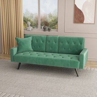 Velvet Green Futon Sofa Bed with 2 Cup Holders, Convertible Nail Head ...