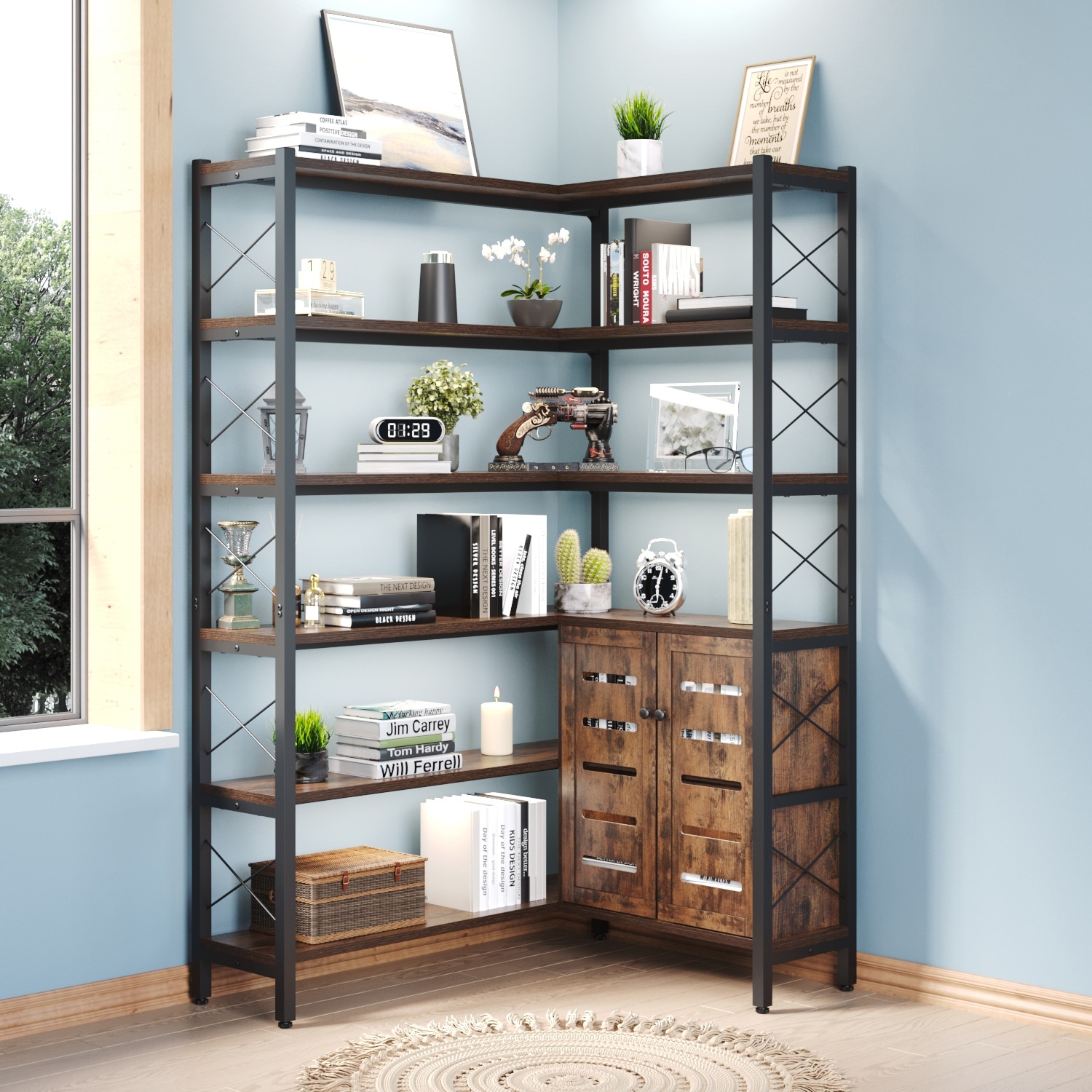 6 Shelf Corner Bookshelf Vintage Industrial Corner Bookshelf Etagere Bookcase with storage cabinet On Sale Bed Bath Beyond 40336028