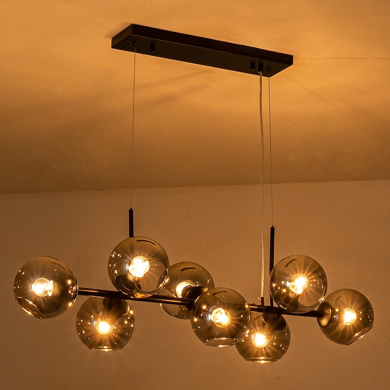 8-Light Modern Linear Sputnik Pendant Island Light Black Smoked Glass ...