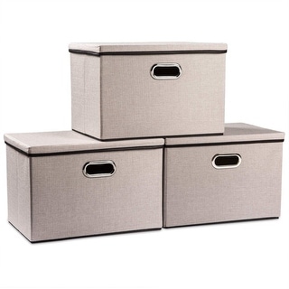 Large Foldable Storage Bins with Lids 3-Pack linen Fabric Storage Boxes ...