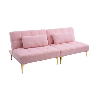 71" Convertible sofa bed futon with gold metal legs teddy fabric, Pink ...