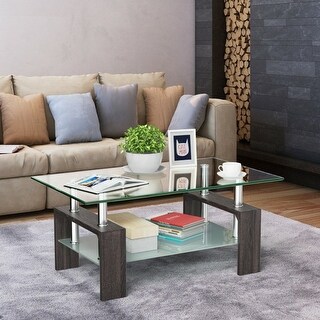 Rectangular Tempered Glass Coffee Table with Shelf - 39.5" x 23.5" x 17 ...