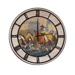 Wall Clock with Natural Woodgrain Accent - A Cowboy Day - Black Numbers ...