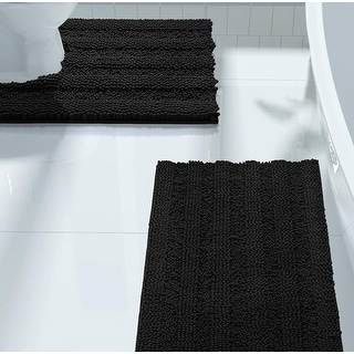 2 Piece Black Soft Cozy Plush Chenille Bath Mat & Contour Bath Rug ...