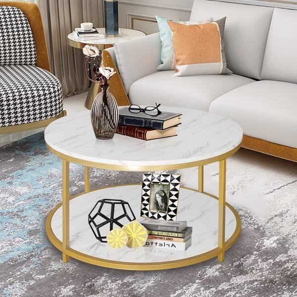 31.5 inch Round Coffee Table with Storage Open Shelf Wooden Top Sturdy ...