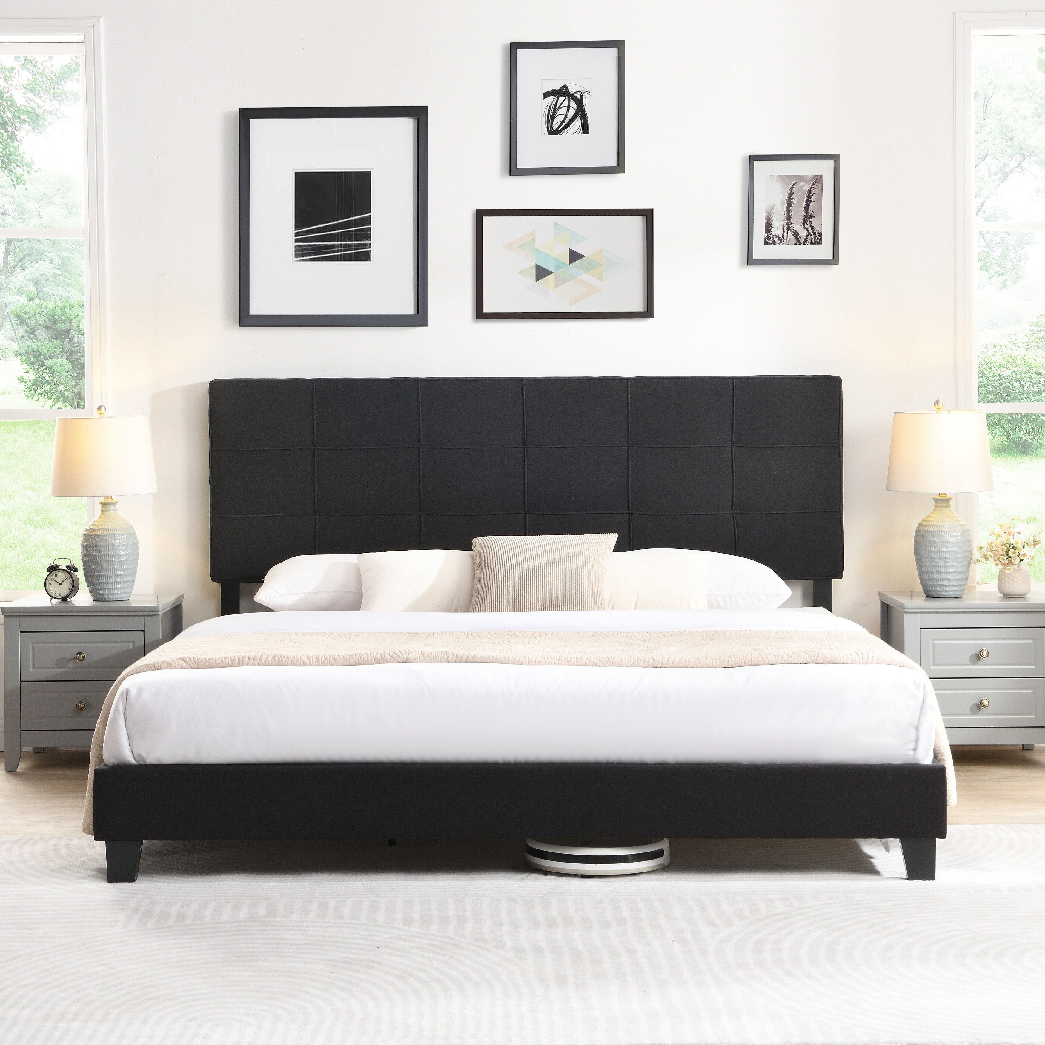 King Size Upholstered Platform Bed in Black Bat with Soft Linen Fabric Headboard Reliable Solid Wood Slats Support Bed Bath Beyond 40211453