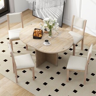 5-Piece Dining Set with 16" Leaf & 4 Upholstered Chairs, Round Dining ...