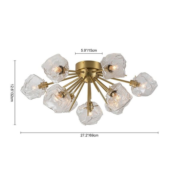 9-Light Sunburst Clear Glass Ice Shade Semi Flush Mount Brushed Brass ...