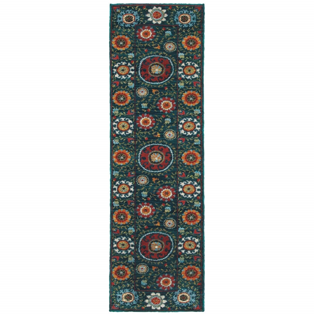 2' X 8' Orange Blue Teal Green And Beige Oriental Power Loom Stain ...