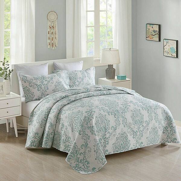 3 Piece Quilt Set Bedspread Matching Pillow Full Queen Blue Flower ...