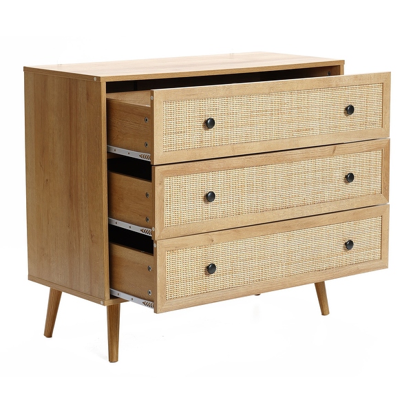 LuxenHome 35.4 Wide 3 Drawer Rattan Light Oak Finish Wood Dresser