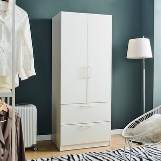 Emma Two-Door Wood Closet with Two Drawers and Hanging Bars in White ...