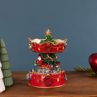 6" Red and Gold Musical Santa on Train Christmas Carousel Music Box ...