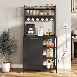 Bakers Rack with Trash Can Bin Cabinet &Power Outlets, Microwave Oven ...