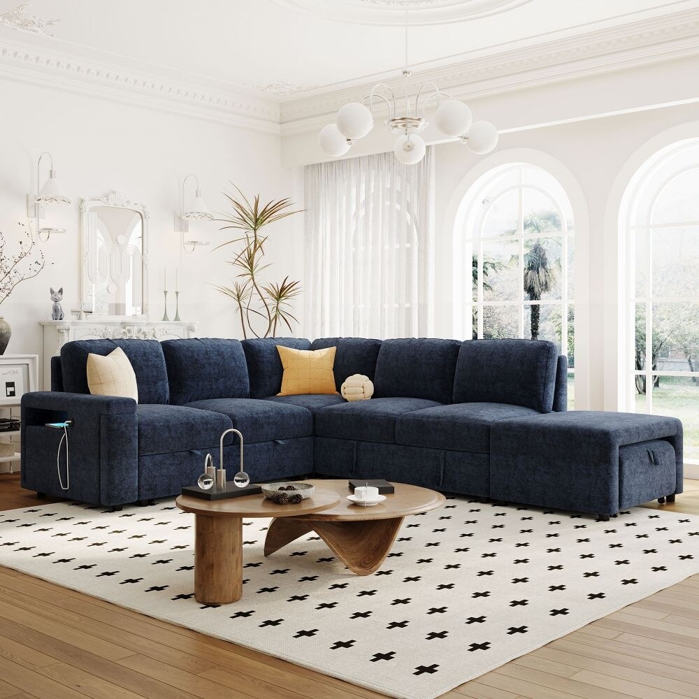 L shaped Padded Modular Sofa with Storage Space USB Ports and Cup Holders on the Armrests Suitable