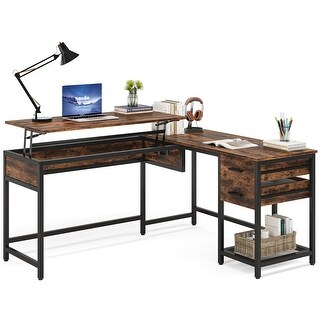Wood Solid 59’’ L shaped Computer Corner Desk with Lift Top, Industrial ...