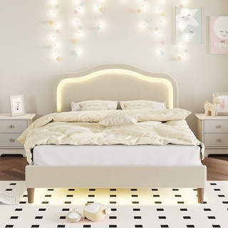 Built-in Smart LED Lights Bed Frame Velvet Upholstered Platform Bed ...