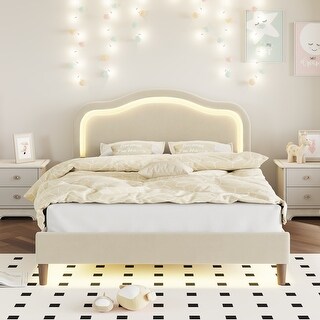 Velvet Upholstered Smart LED Bed Frame with Adjustable Height Headboard ...