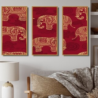 Designart "Indian Elephants On Red" Bohemian Framed Art Prints Set of 3 ...