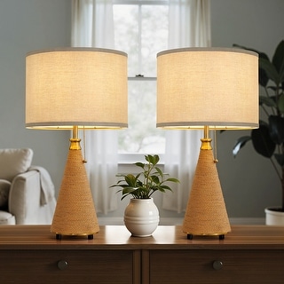 Modern Table Lamp, Ratten Base Bedside Lamp with Beige Linen Lampshade ...