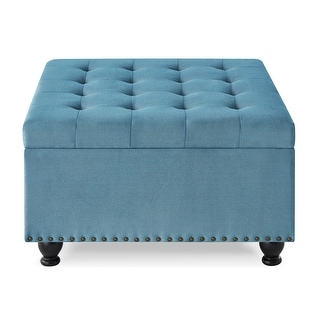 Light Blue Square Storage Ottoman with Wooden Legs: Coastal Elegance ...