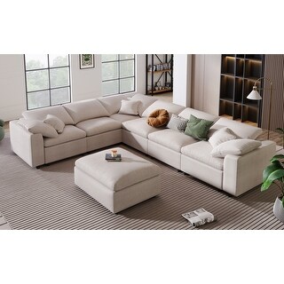 L Shaped 7 Seating Sectional Sofa Polyester Modular Sofa Bed w/Ottoman ...