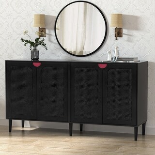 Black Mid-Century Four Door Rattan Sideboard Buffet Cabinet Large ...