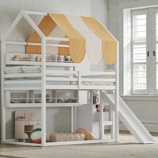 Full Size House Loft Bed with Canopy, Slide and Built-In Bookshelves ...
