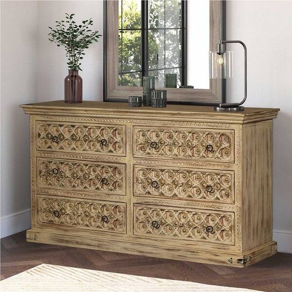 Sute Hand Carved Six Drawers Solid Mango Wood Dresser - Bed Bath ...