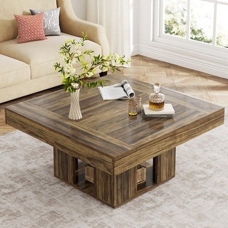 35" Square Coffee Table, 2-Tier Farmhouse Center Table with Storage ...