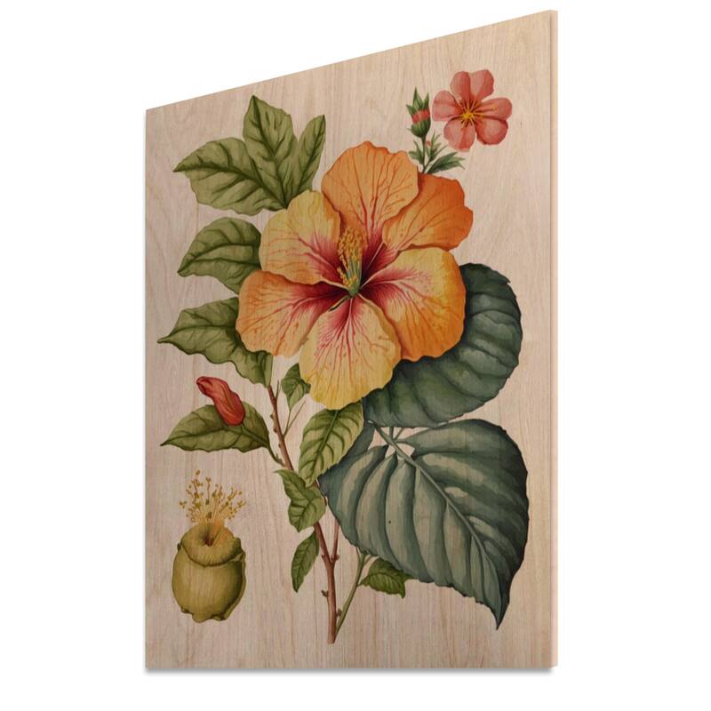 Designart 'Blossiming Yellow Retro Hibiscus II' Floral Hibiscus Wood ...