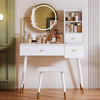 Vanity 35" W, Vanity Desk with Round Mirror and Lights, Brown Vanity ...