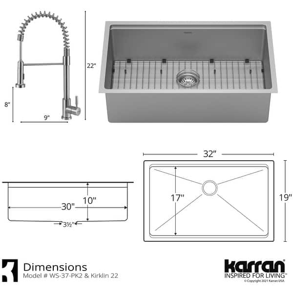 Karran USA WS-37-PK2 32" Undermount Single Basin Kitchen Sink with ...