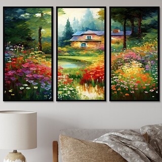 Country House In Bright Blossoming Flower Field - Landscape Cottage ...