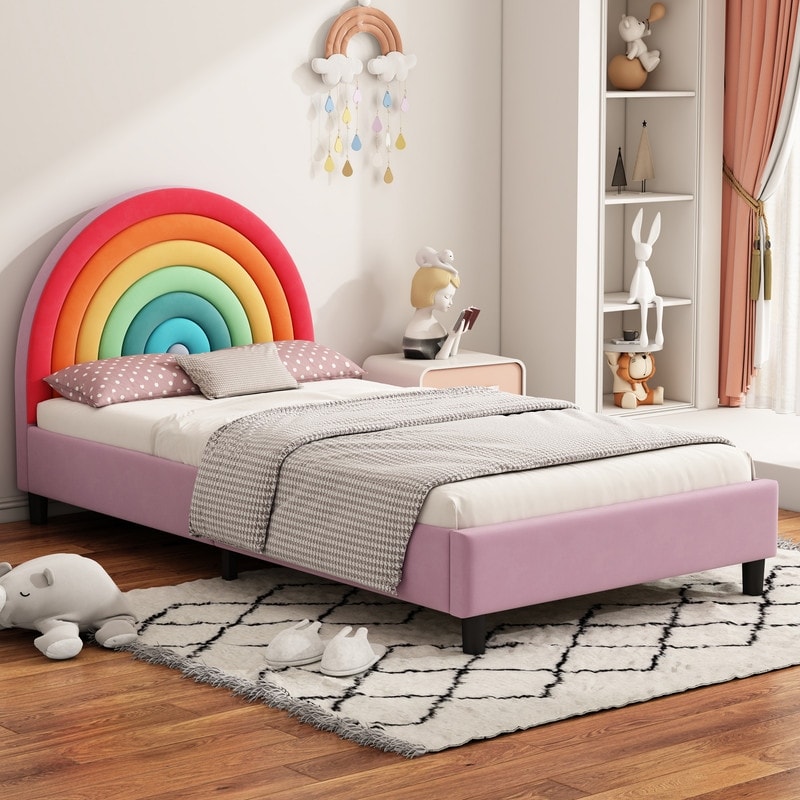 Rainbow Design Upholstered Twin Platform Bed for Boys & Girls, Teens ...