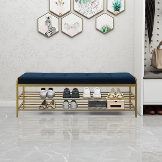 Shoe Storage Bench Navy Blue Velvet Footstool with Golden Metal Frame ...