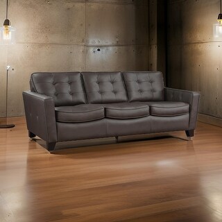 Erin 87 Inch Sofa, Brown Leather, Stitch Tufting, Cushions, Solid Wood ...