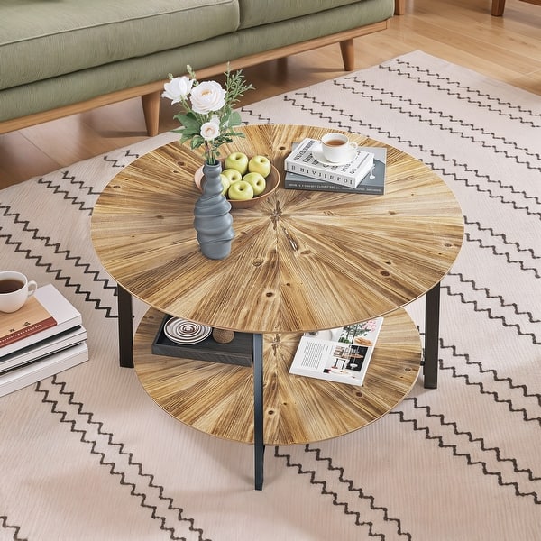 Stand Wooden Double Layer Round Coffee Table with Open Storage Space ...