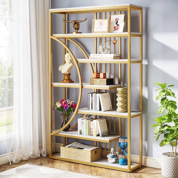 70.9-Inch Tall Bookshelf Modern 7-Tier Faux Marble Bookcases with Gold ...